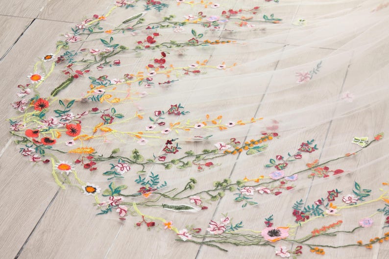 KA84 Sheer Long Bridal Veil With Floral Embroidery, Soft Tulle Wedding ...
