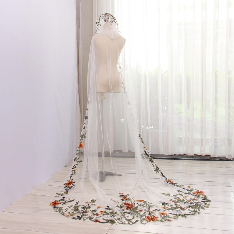 KA77 Embroidered Floral Hooded Bridal Cape – Boho Tulle Wedding Veil ...