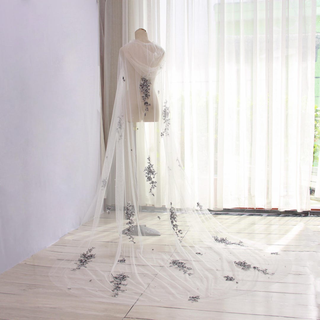 KA70 Hooded Bridal Cape With Black Floral Lace Embroidery in Boho Style ...