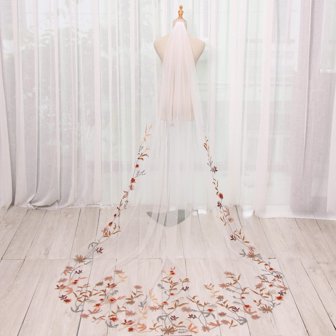 KA83 Autumn Meadow Cathedral Veil, Sheer Tulle Bridal Veil With Flowing ...
