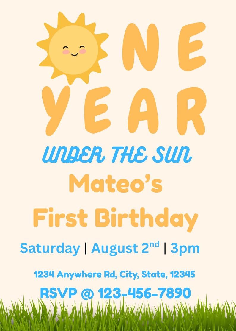 1st Birthday Digital Invitation, One Year Under the Sun - Etsy