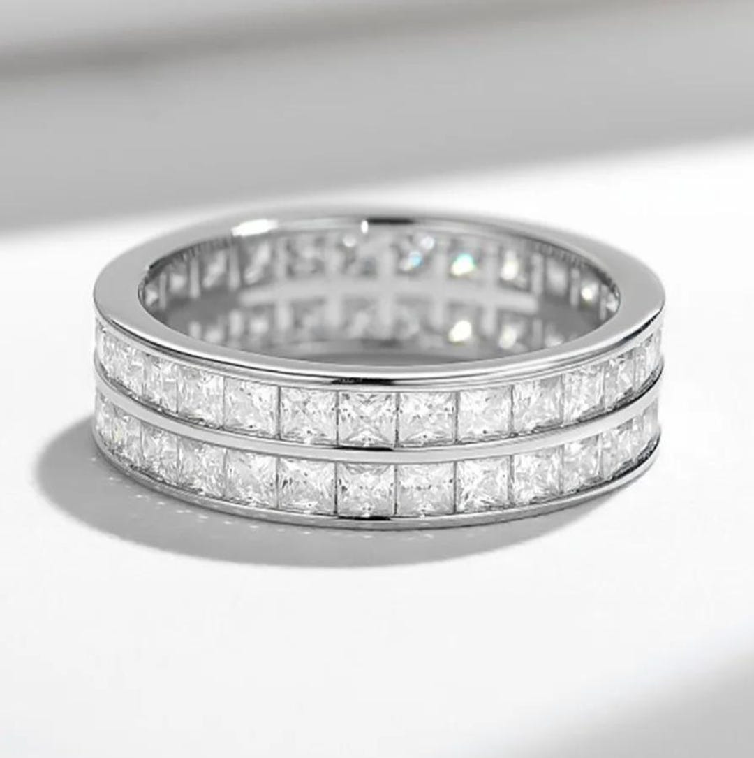 Moissanite 2MM Princess Cut Square Two Tone Eternity Band Ring in 925 ...