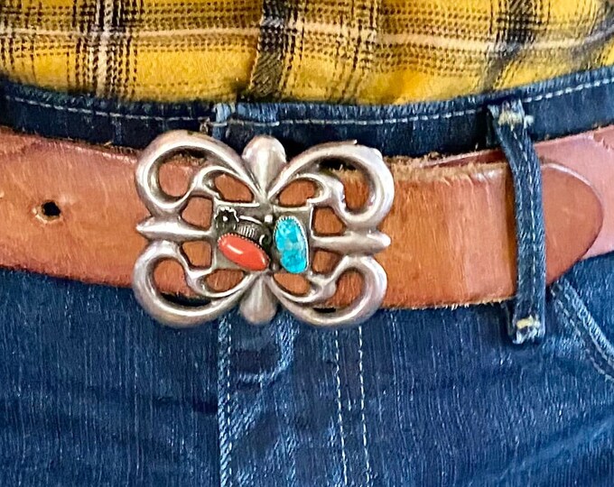 Vintage Sand Cast Sterling Silver Belt Buckle With Turquoise and Red ...