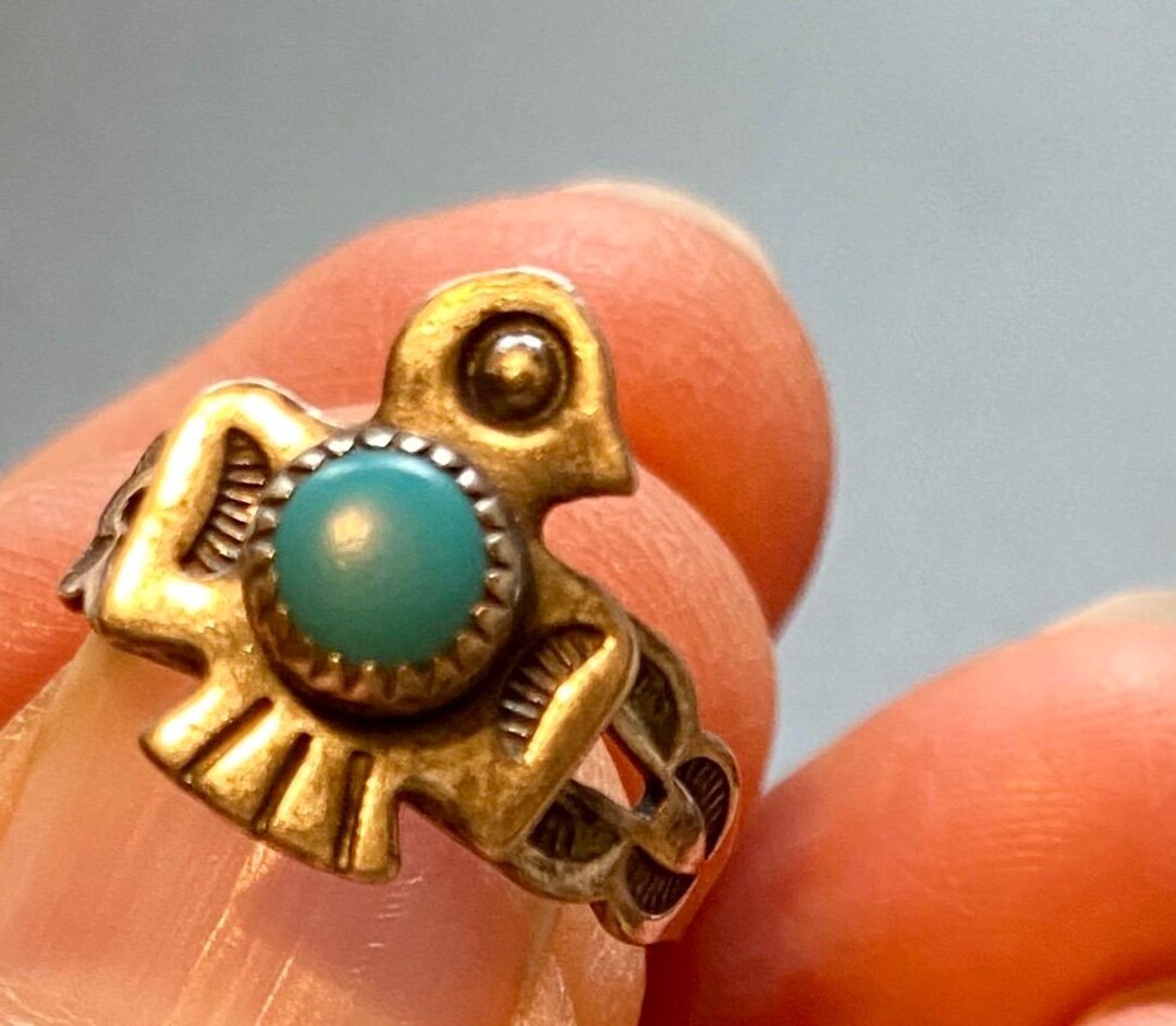 Vintage Baby Child Bell Trading Post Thunderbird Ring Size 3, Turquoise & Sterling Silver ...