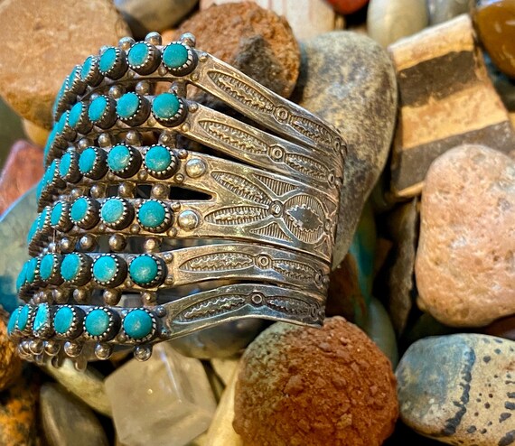 Impressive 6 row vintage snake eye turquoise & sterli… - Gem