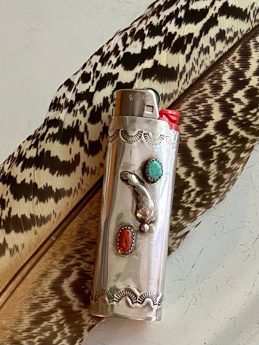 Vintage Navajo Sterling Silver Lighter Cover With Turquoise & Red Coral ...