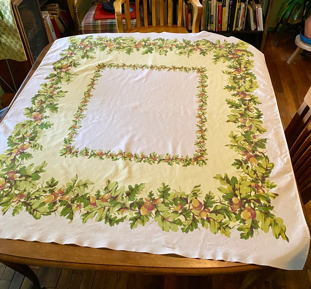 Vintage Tablecloth by California Hand Prints, Oak Leaves and Acorns, 45x52, Great Condition ...