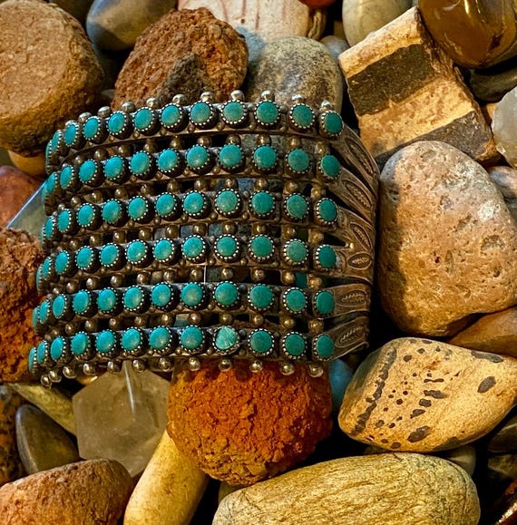 Impressive 6 row vintage snake eye turquoise & sterli… - Gem