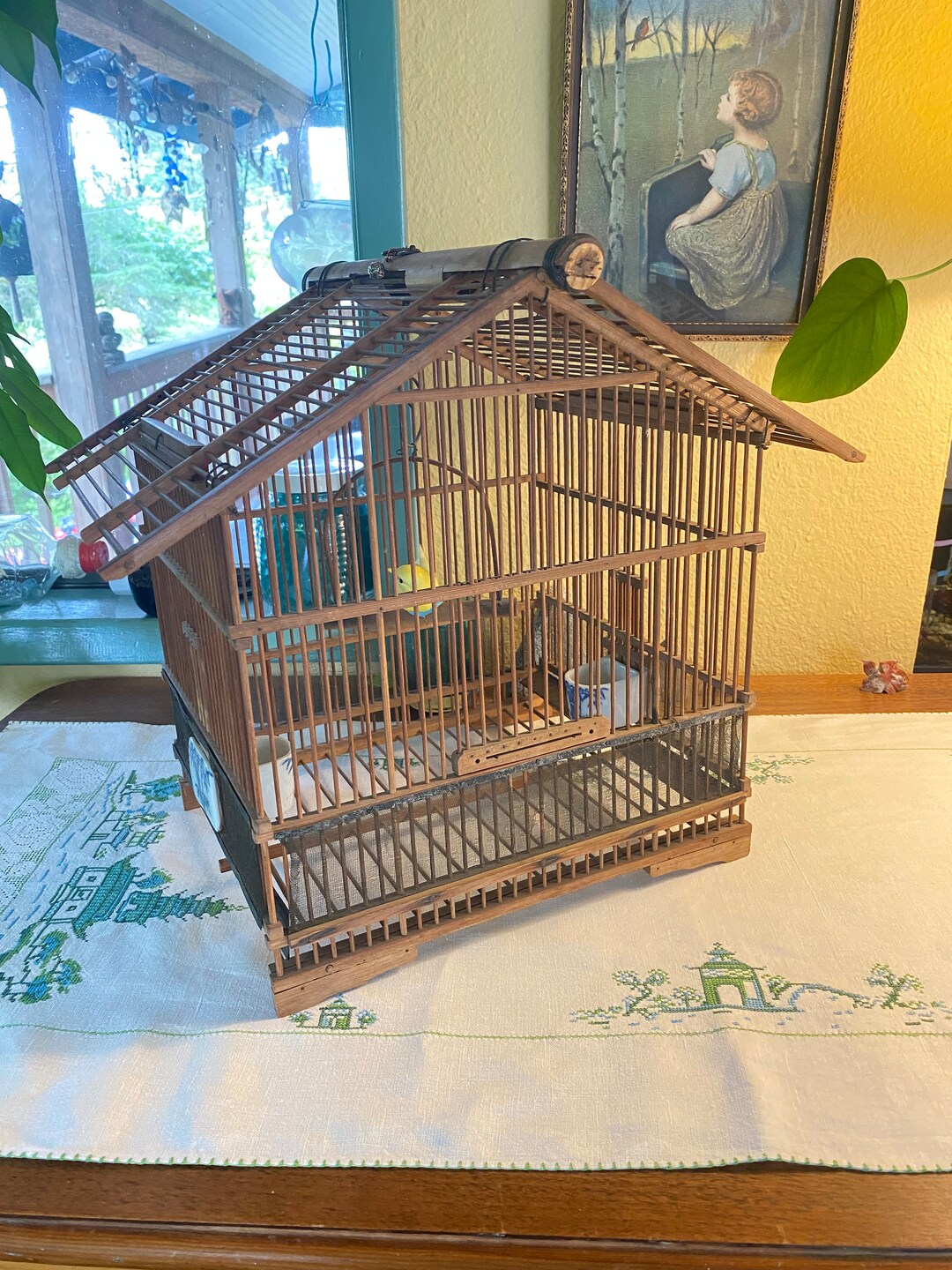Vintage Bamboo Bird Cage. Ceramic Feeders, Removable Tray, Use as Intended or as Eclectic Decor ...