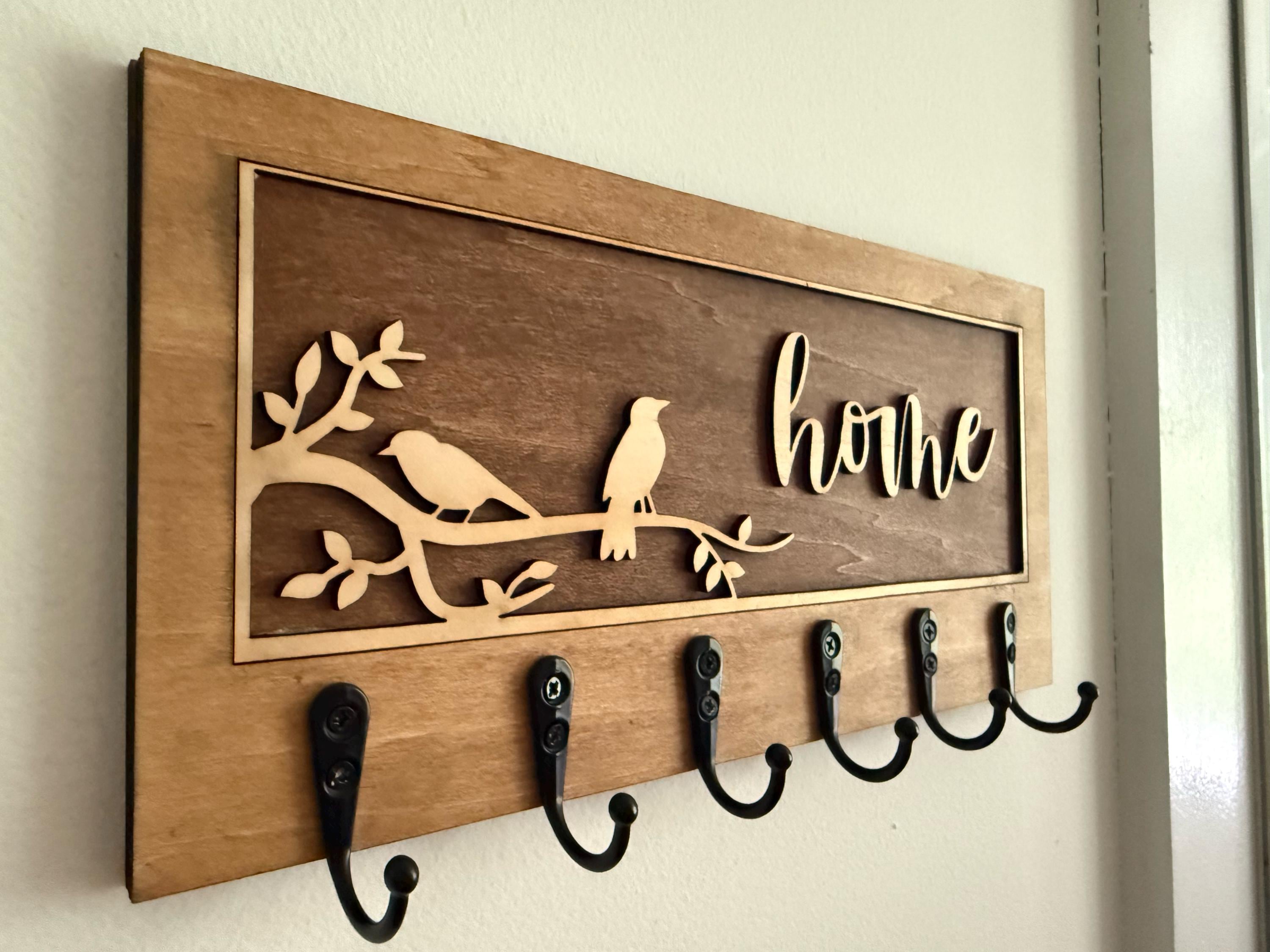 Key Holder for Wall With Hooks – Rustic Wood HOME Sign With Birds ...