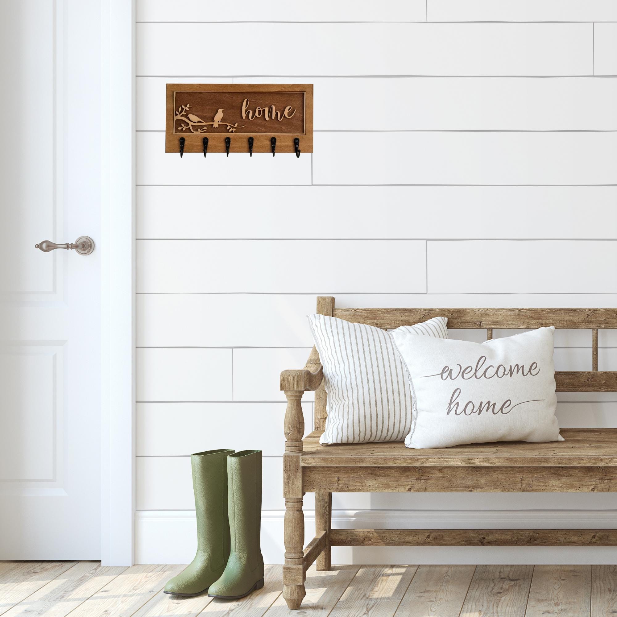 Key Holder for Wall With Hooks – Rustic Wood HOME Sign With Birds ...