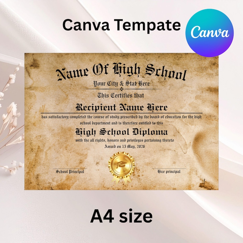Editable High School Diploma Template, Digital Download, Canva ...