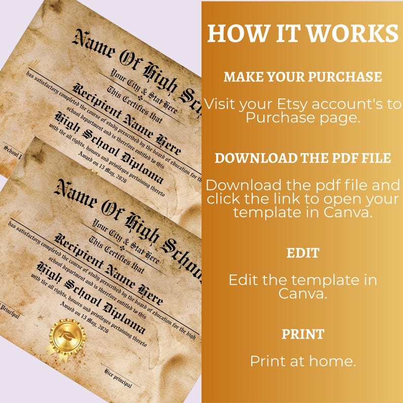 Editable High School Diploma Template, Digital Download, Canva ...