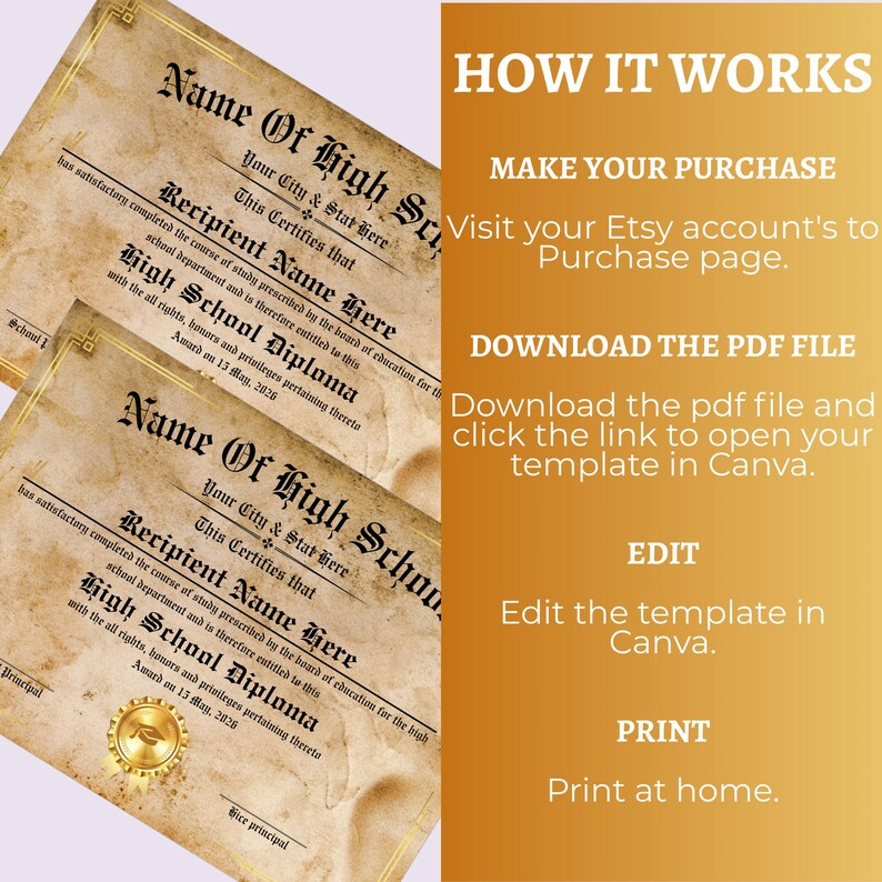 Editable High School Diploma Template, Canva Customizable, Digital ...