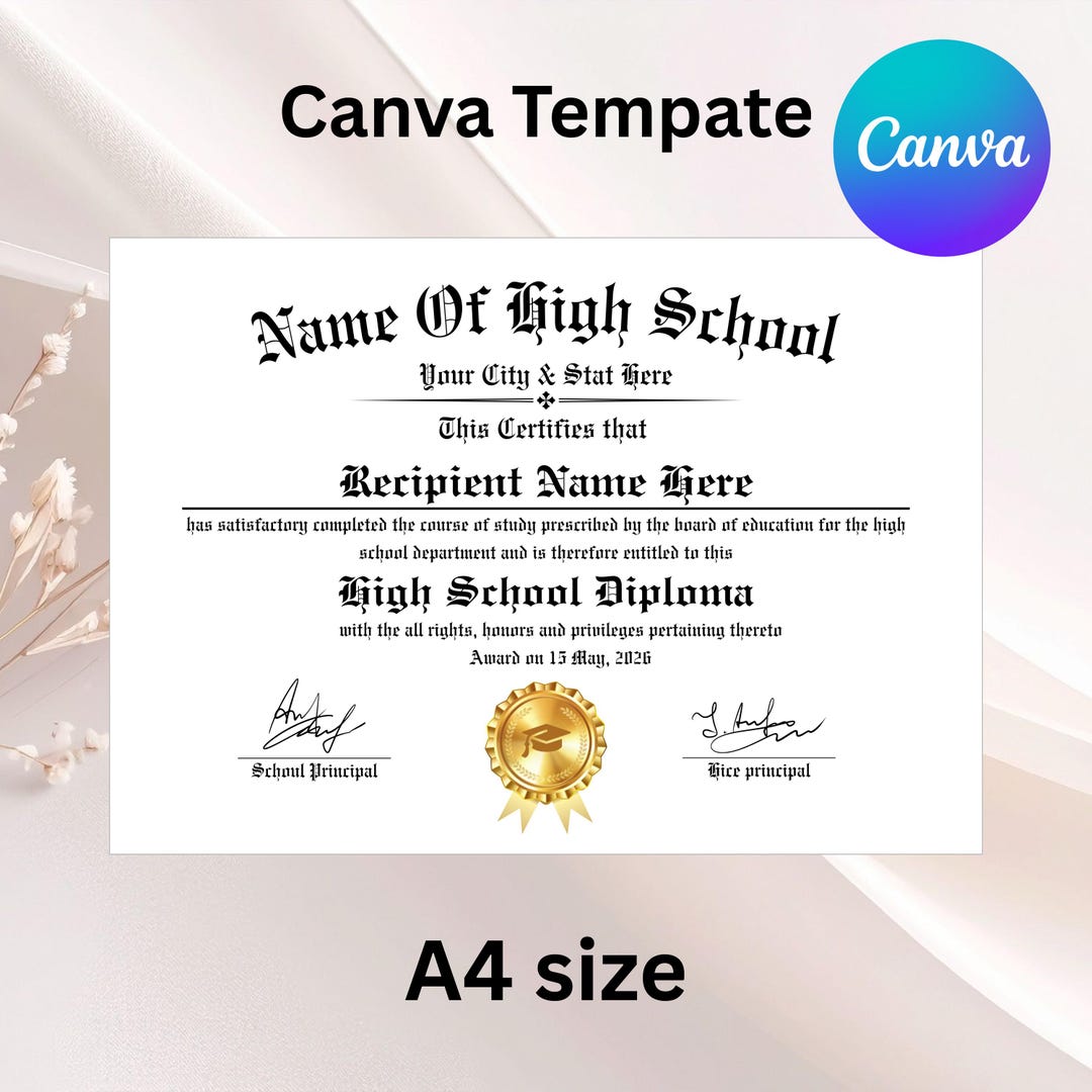 A4 Editable High School Diploma Template, Canva Customizable, Digital ...