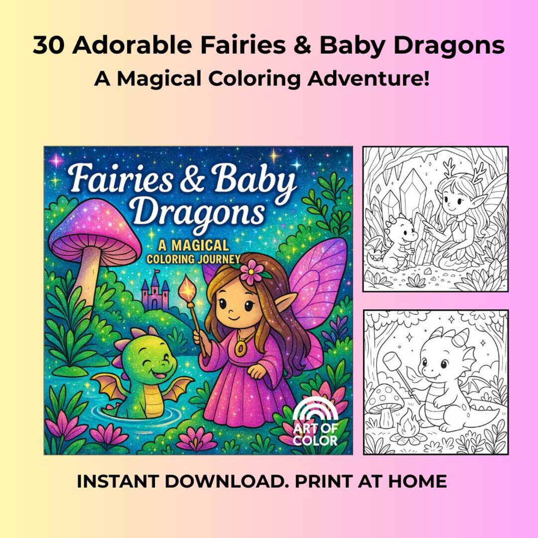 Fairy & Baby Dragon Coloring Book 30 Cute Kawaii Fantasy Pages Fairies ...