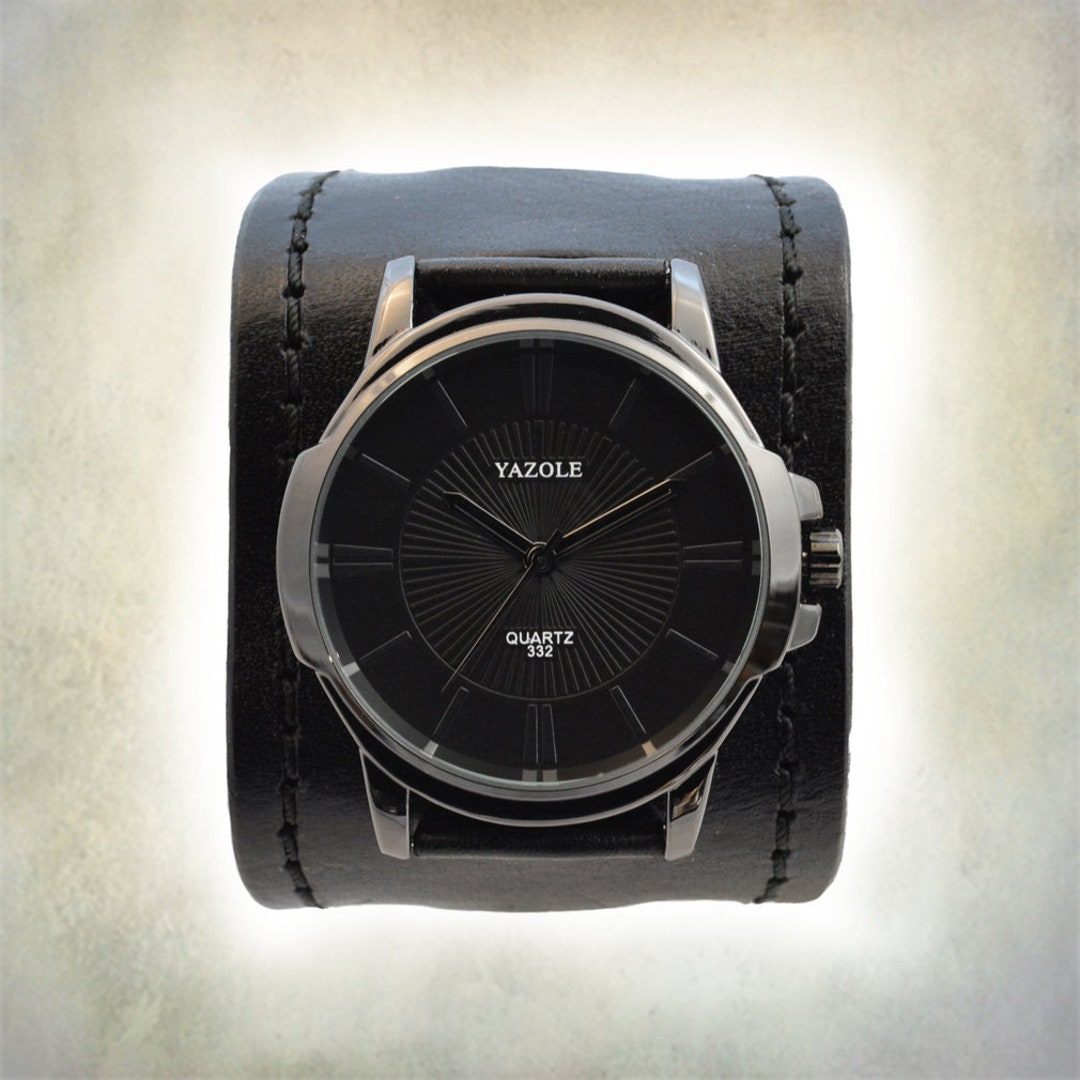 Wide Leather Cuff Watch - Black on Black - Etsy