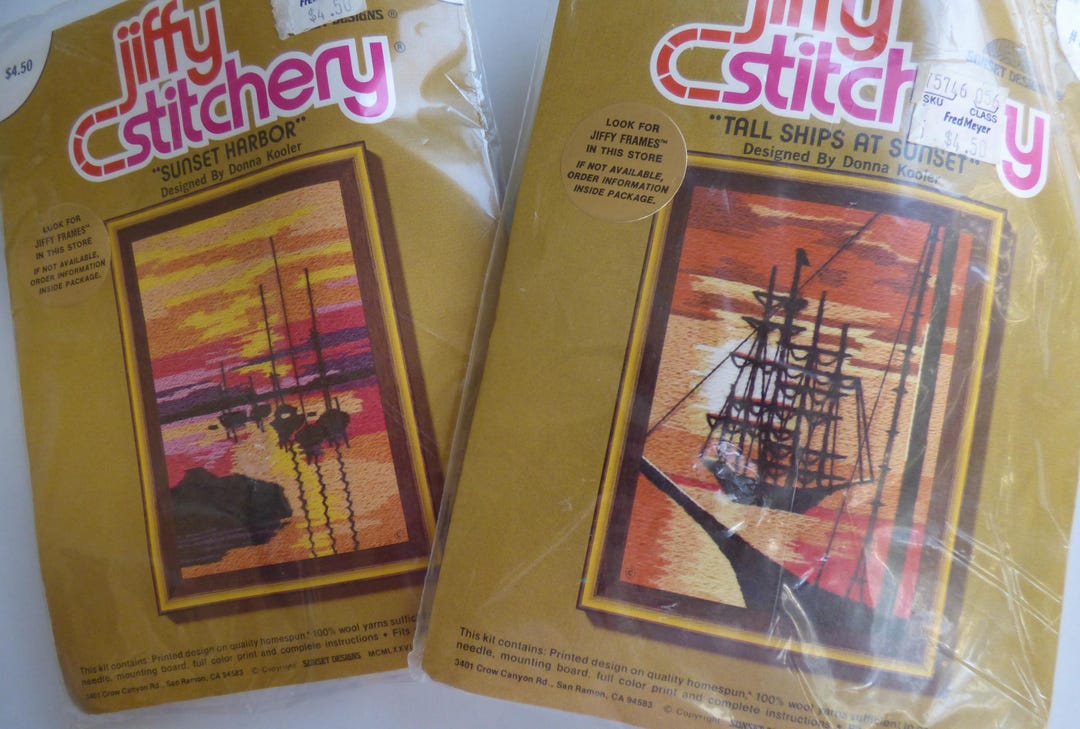 Vintage Sunset Designs Jiffy Stitchery Wool Yarn Boat Ship at Sunset ...