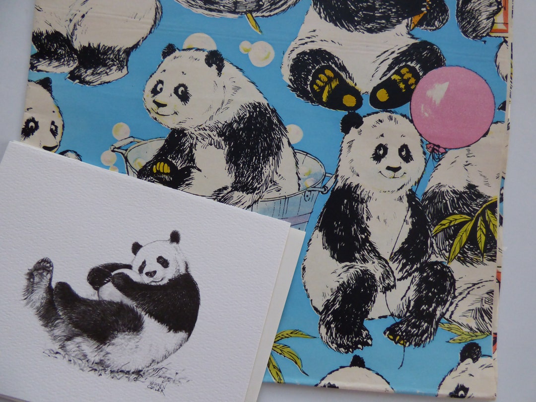 Vintage Gift Wrap Sheet & Card Panda Bears Classroom Zoo Library ...