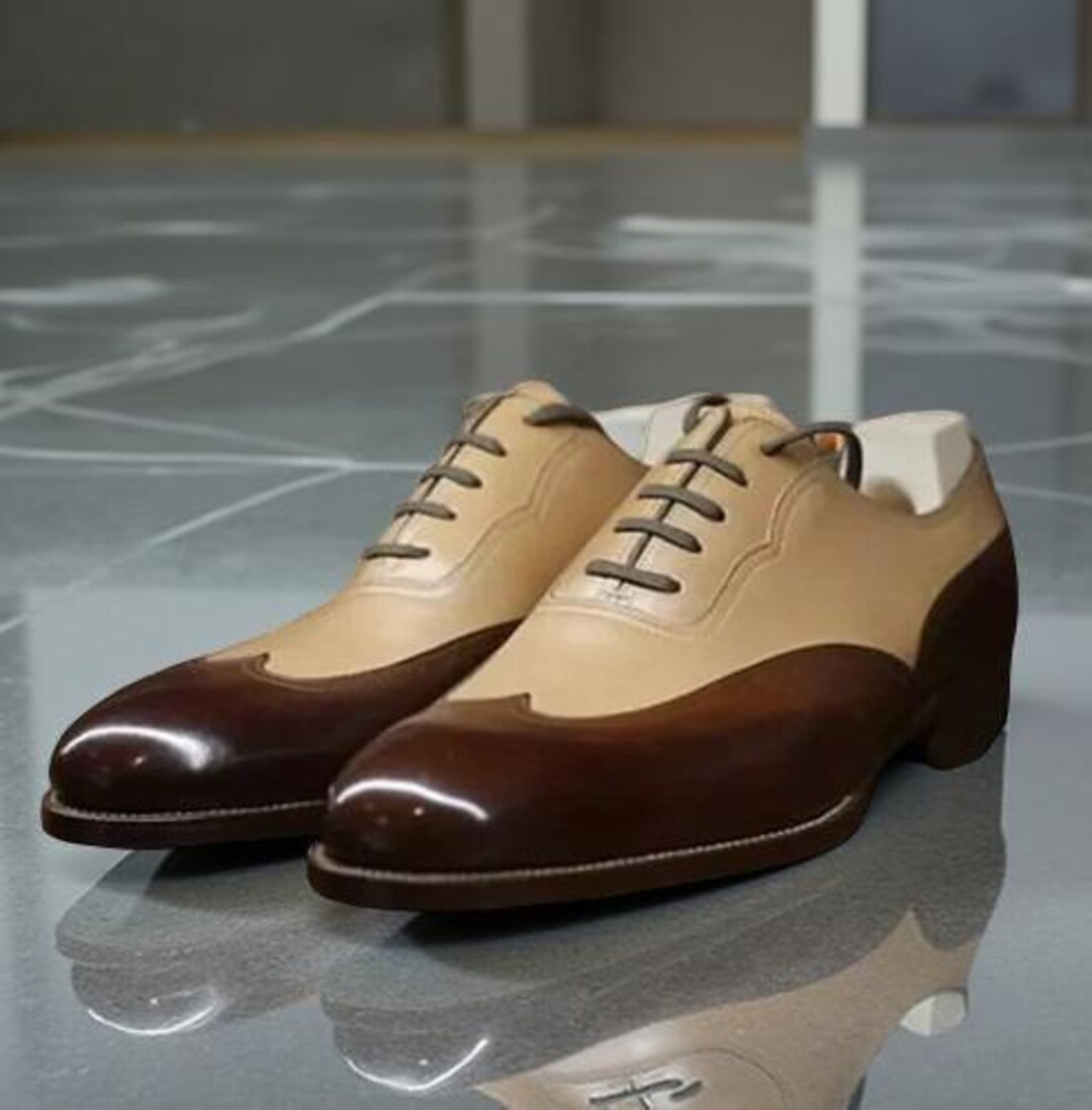 New Two Tone Leather Formal Wing Tip Handmade Lace up Office Shoes for ...