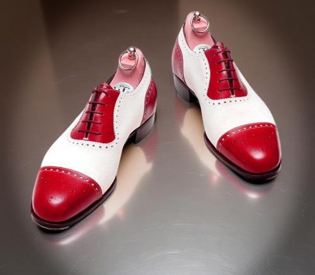 Men Oxford Two Tone Red White Brogue Cap Toe Spectator Real Leather ...
