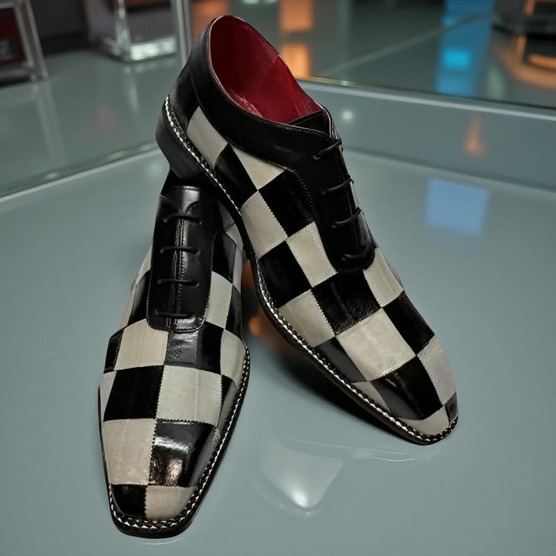 Handmade Men Black and White Leather Check Square Design Office Shoes ...