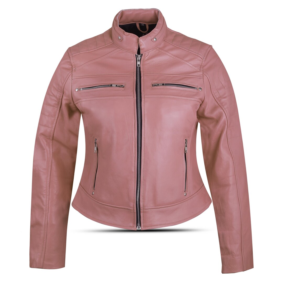 Pink Leather Moto Jacket Women – Slim Fit Biker Style Coat With Zipper ...