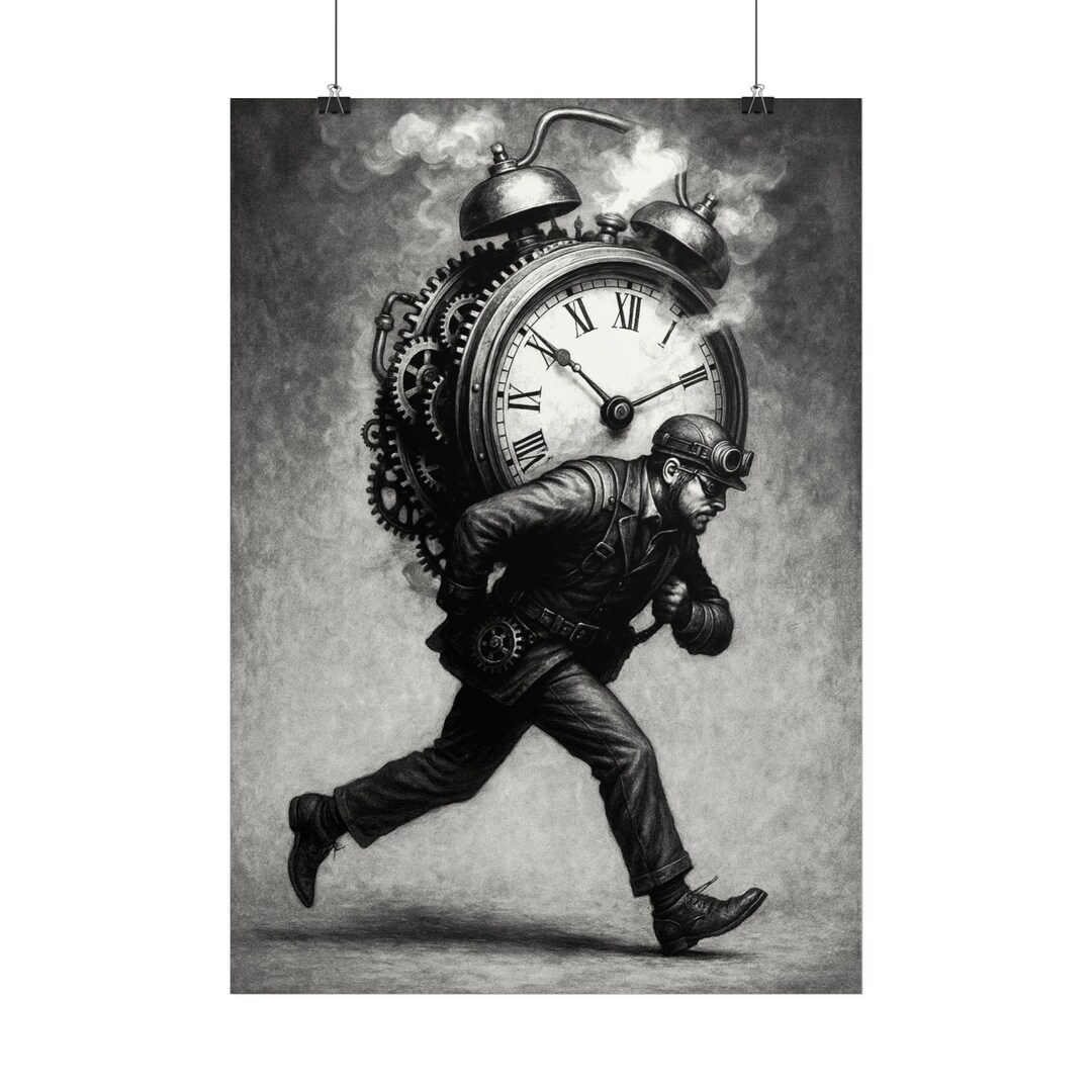 Victorian Timekeeper Man Carrying Clock Poster | Steampunk Illustration ...