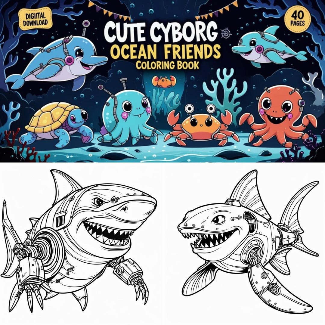 Cyborg Halloween Sea Creatures Coloring Book: 40 Printable Pages (PDF ...