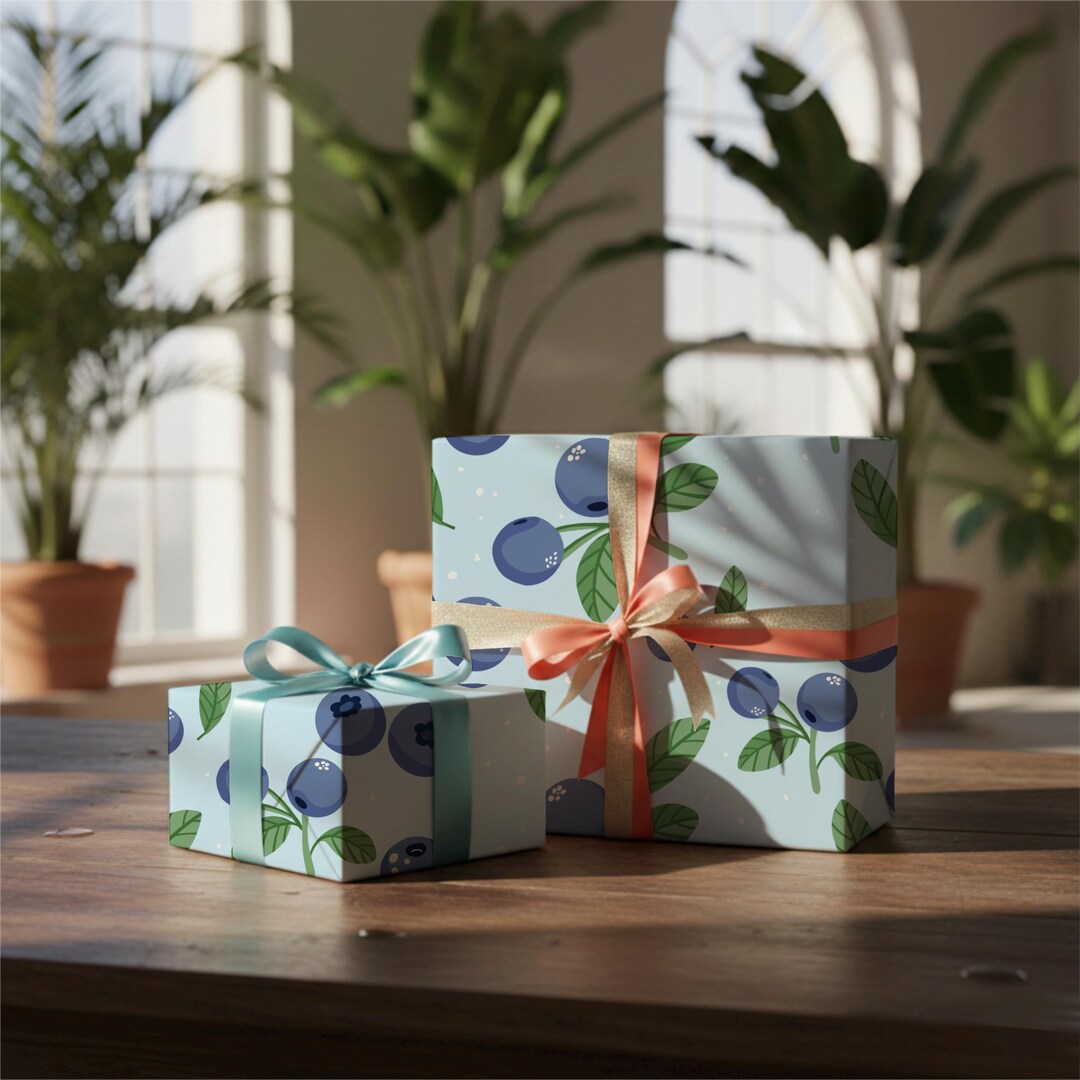 Botanical Blueberry Wrapping Paper | Blue Fruit Pattern Farmhouse Print ...