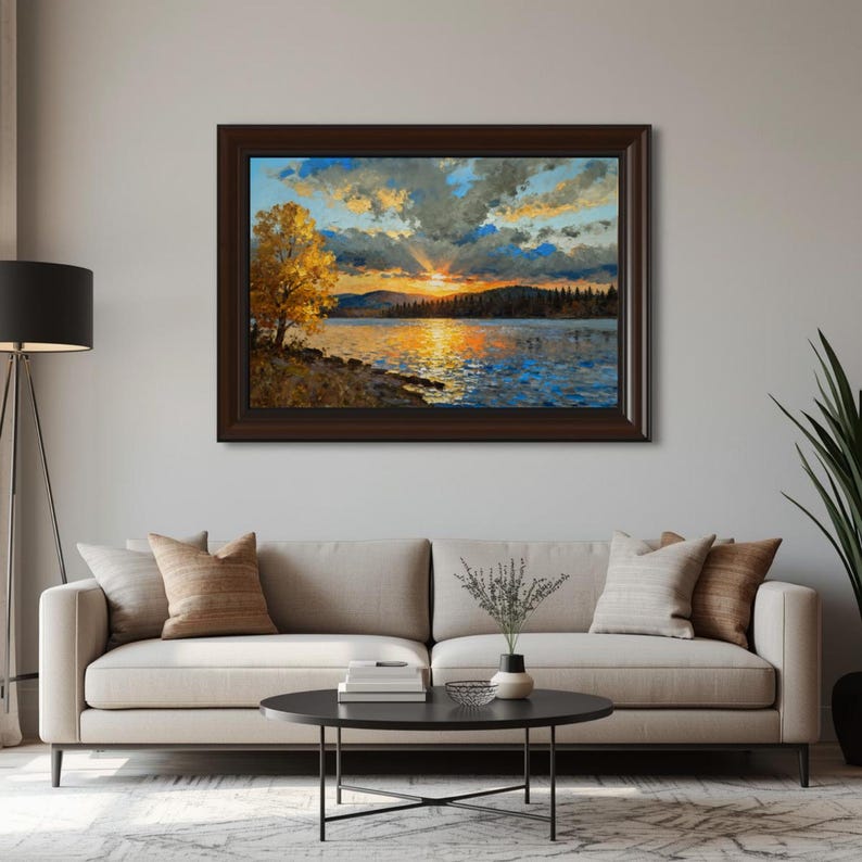 Sunset Lake Painting | Autumn Lake Painting | Lakeside Painting | Pine ...