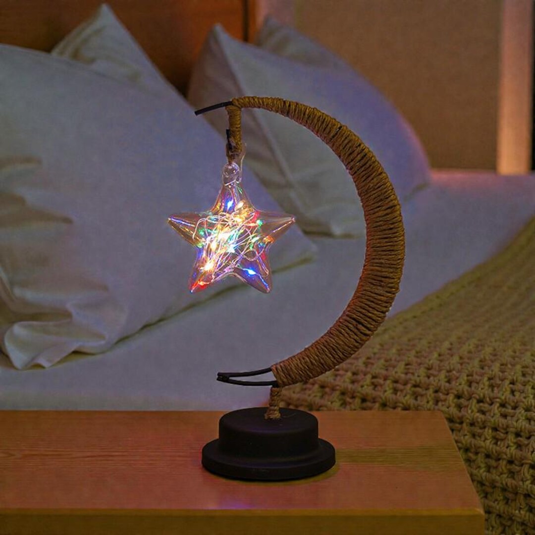 Moon & Star Lamp | Boho Hemp Rope Night Light | Glass Star Fairy Lights ...