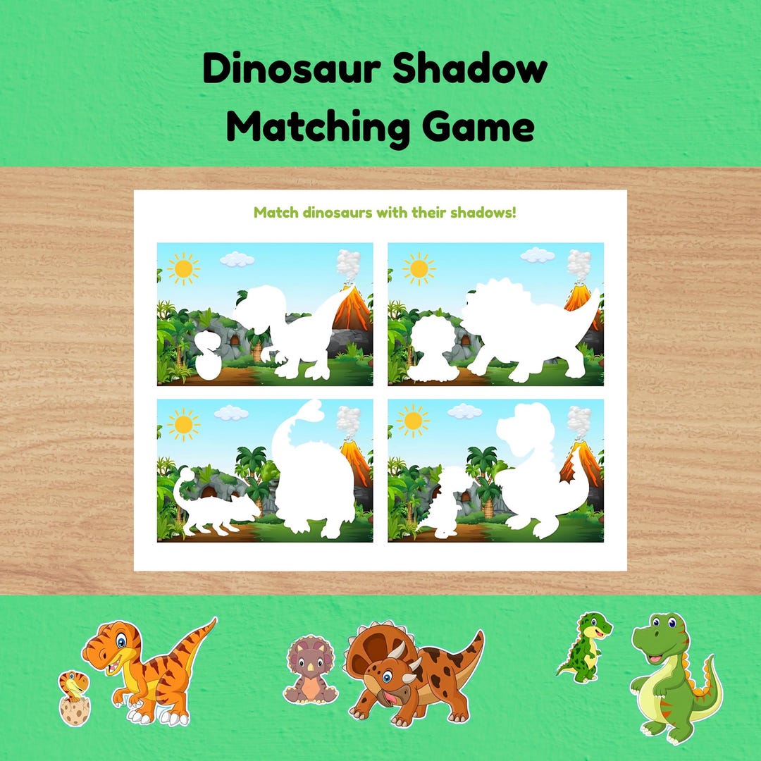 Dinosaur Shadow Matching Game Printable, Cut and Match Dinosaur ...