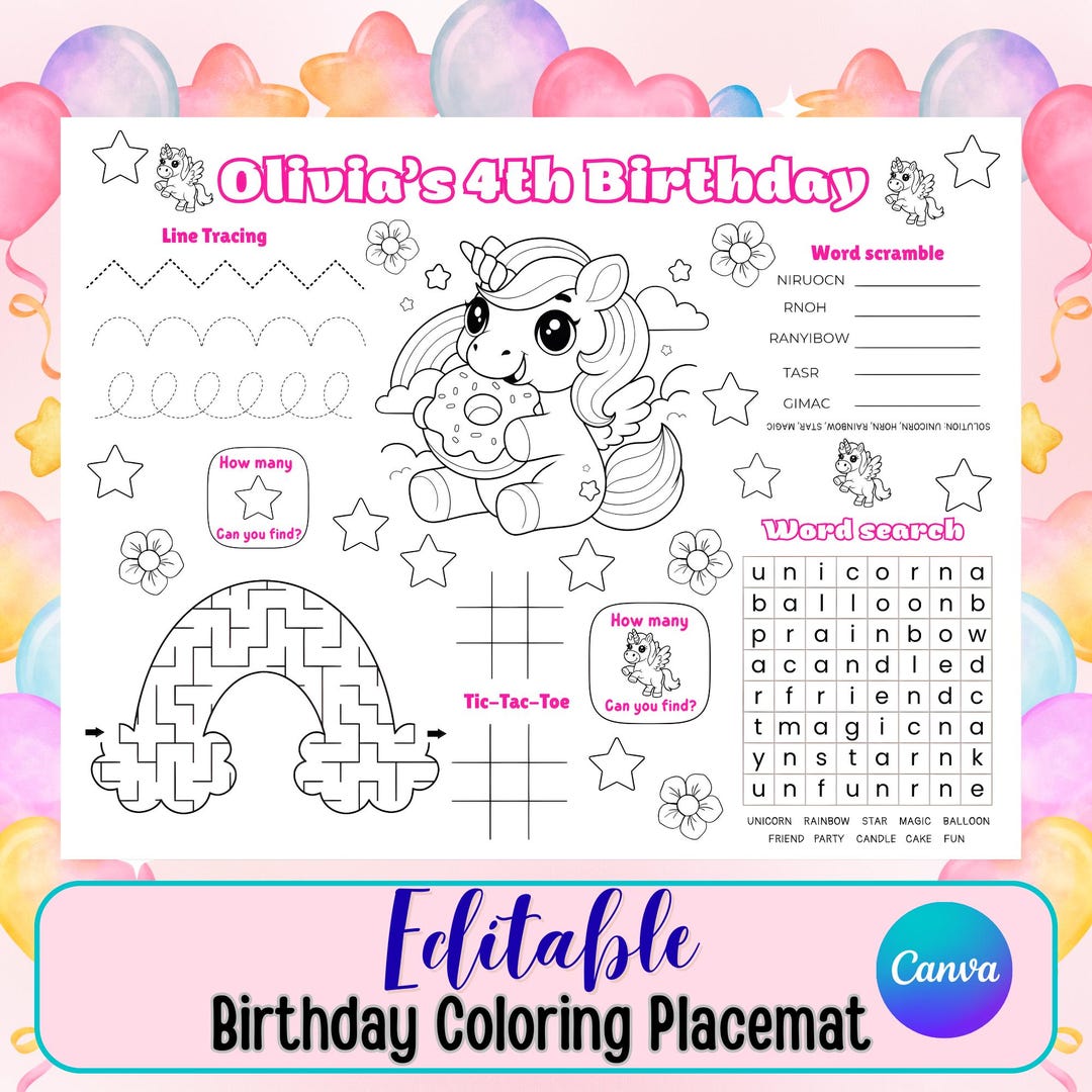 Unicorn Birthday Coloring Placemat Printable for Toddlers, Unicorn ...