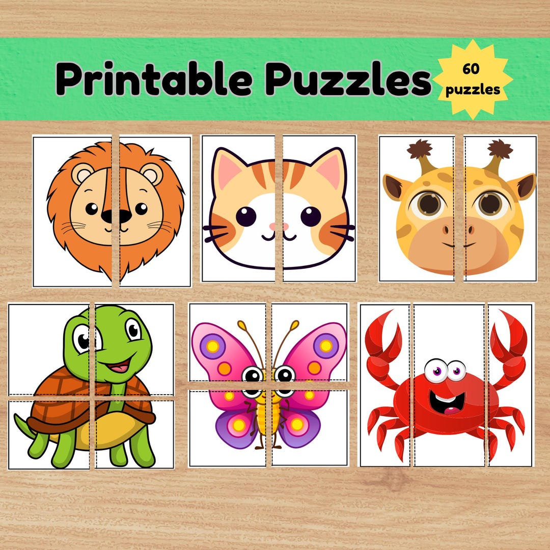 60-piece Printable Kids Puzzle Set, Matching Game and Symmetry Puzzles ...
