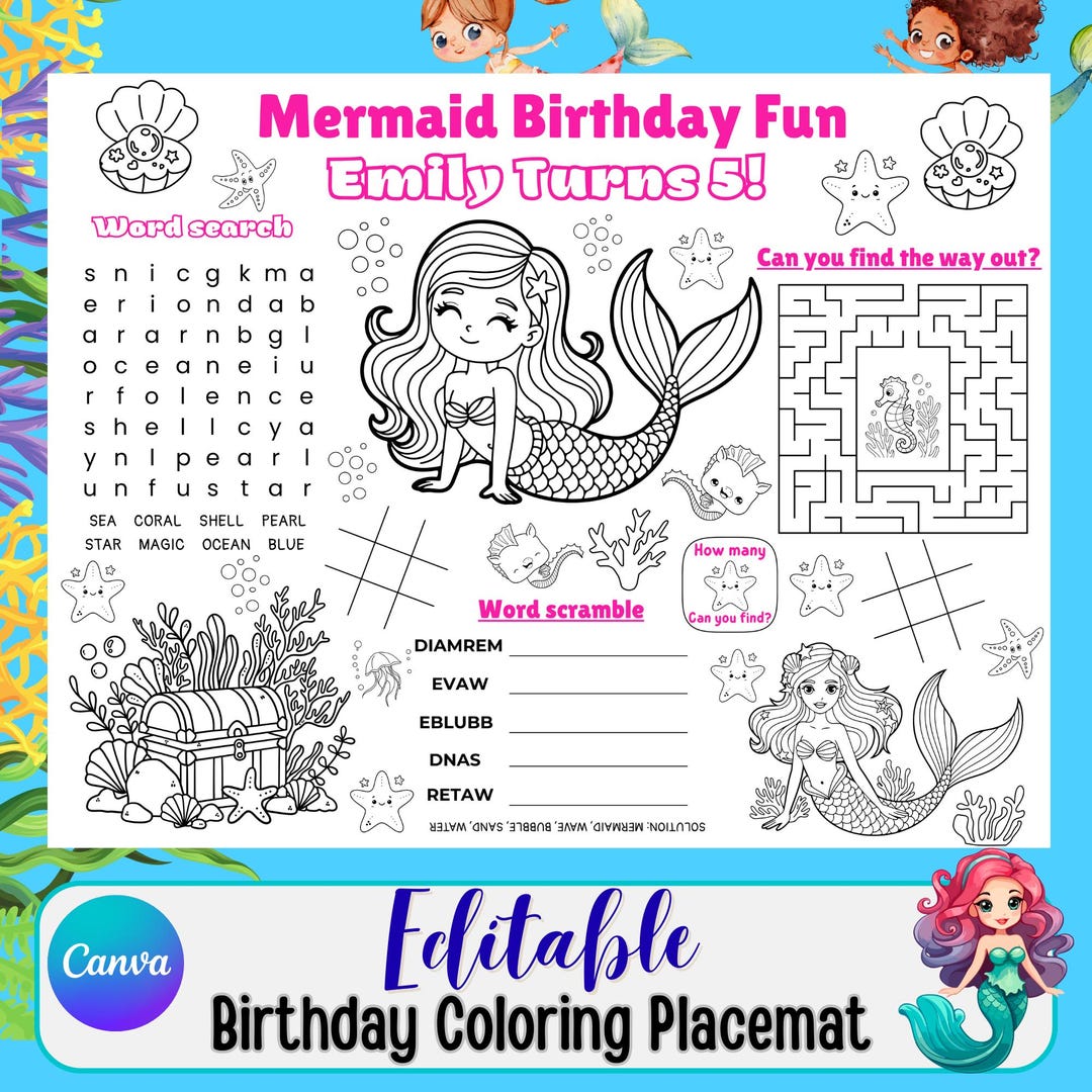 Mermaid Birthday Coloring Placemat Printable for Kids, Mermaid Party ...