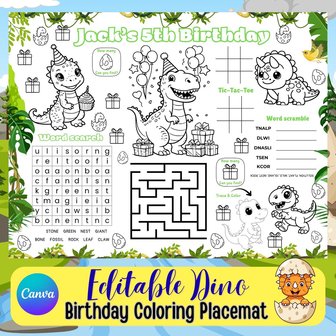 Dinosaur Birthday Coloring Placemat, Colorful Dino Party Table Activity ...