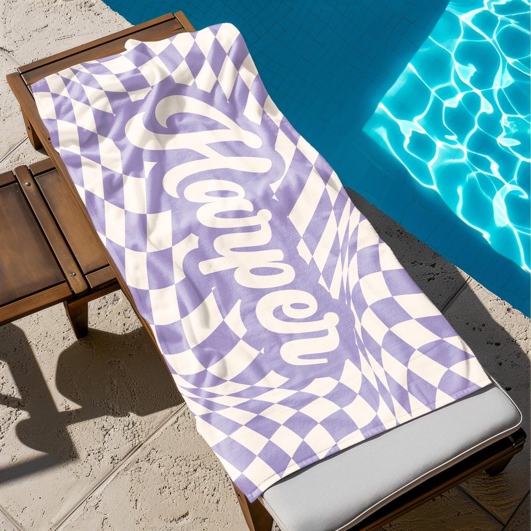 Retro Checkered Custom Beach Towel, Personalized Retro Style Checkered ...