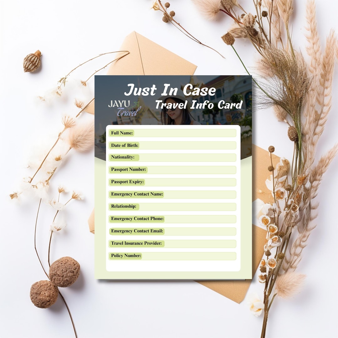 Just in Case Travel Info Card Printable, Emergency Contact & Medical ...