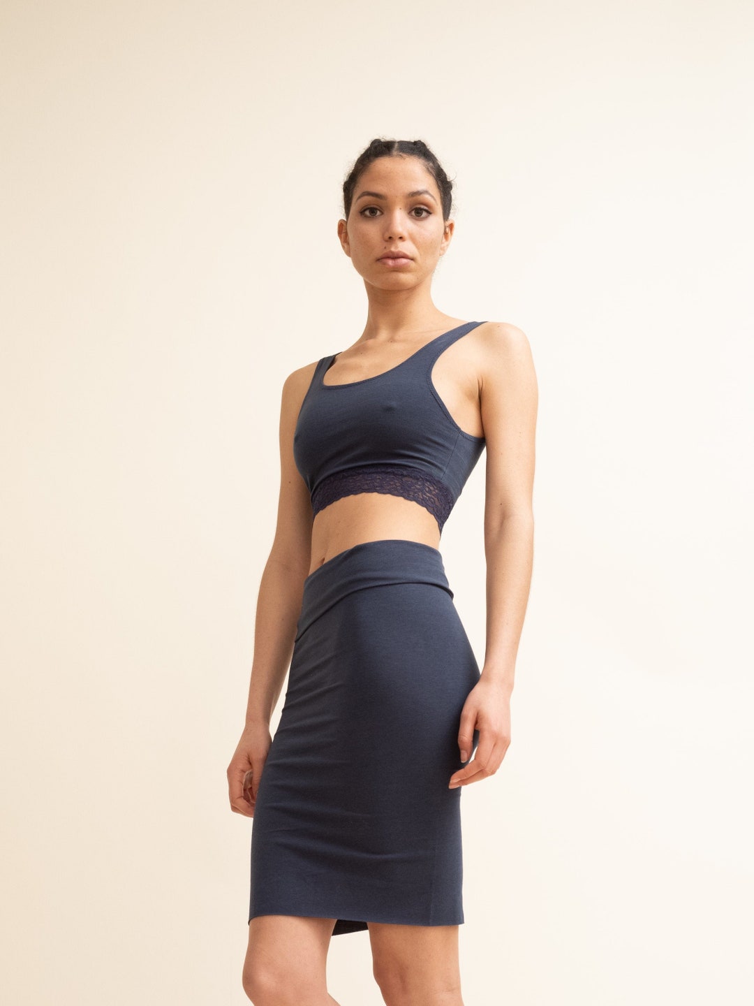 Lace Trimmed Crop Top - Navy Blue - Eco Friendly - Organic Clothing ...