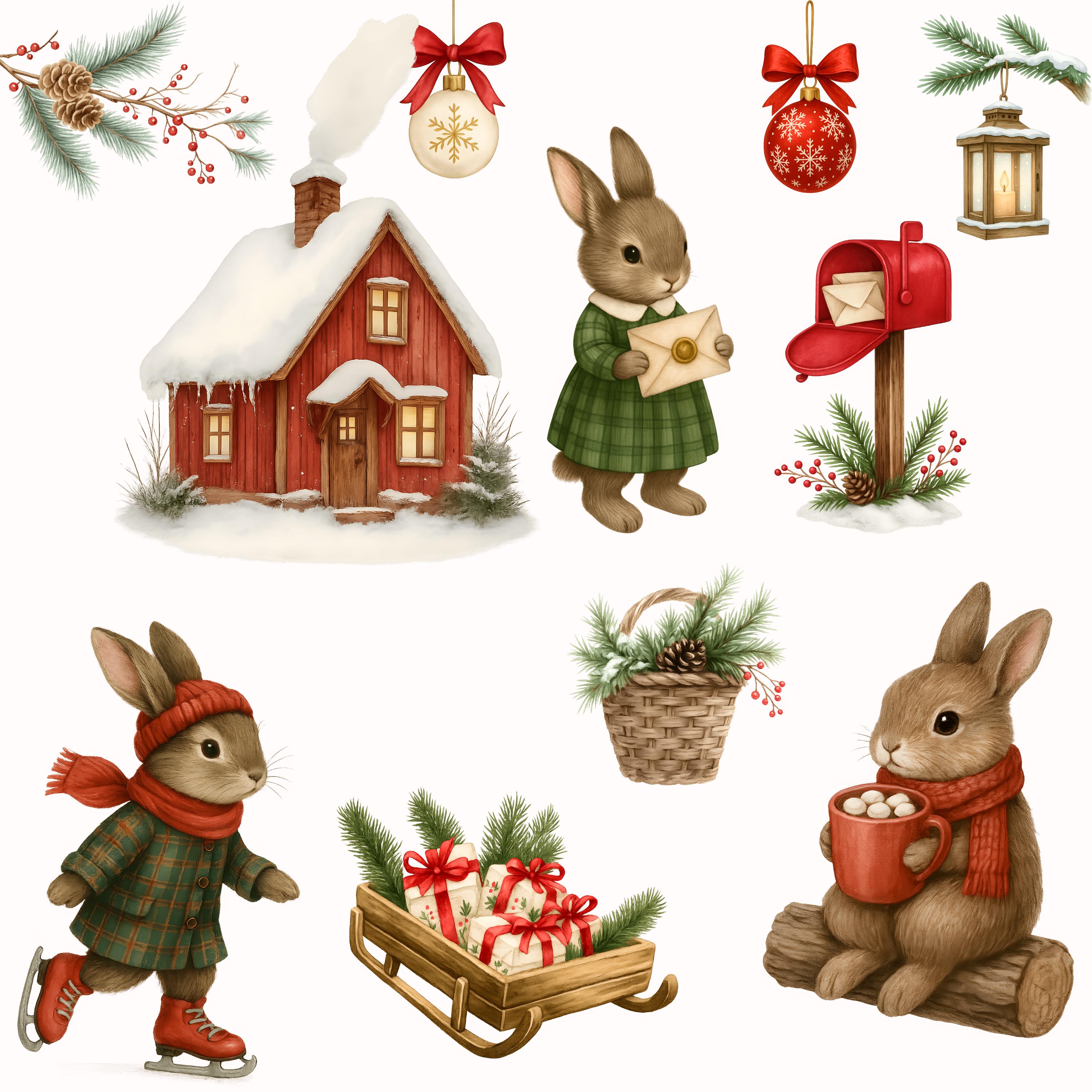 Christmas Bunny Clipart, Watercolor Vintage Holiday Animals (digital ...