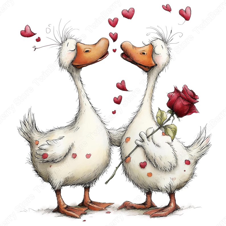 26 Valentine Goose Clipart PNG, Whimsical Love Geese Couples With ...