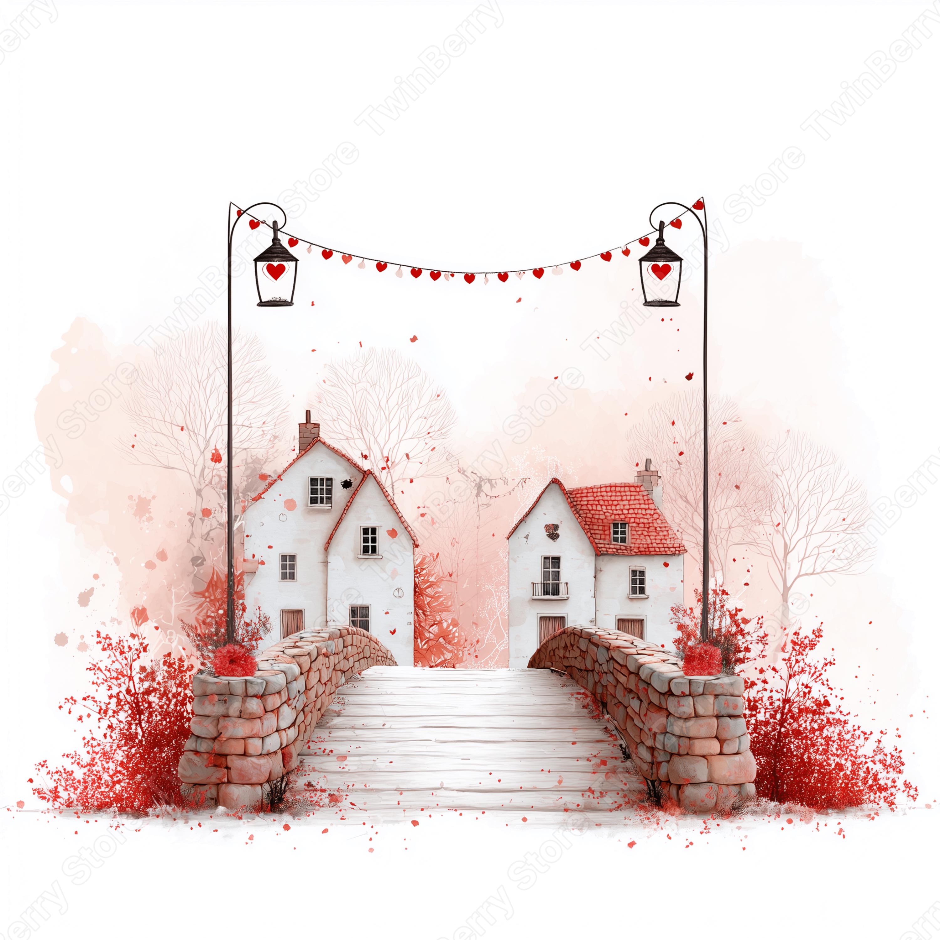 Valentine Village Clipart JPG, 26 Watercolor Valentine Town Scenes Pink ...