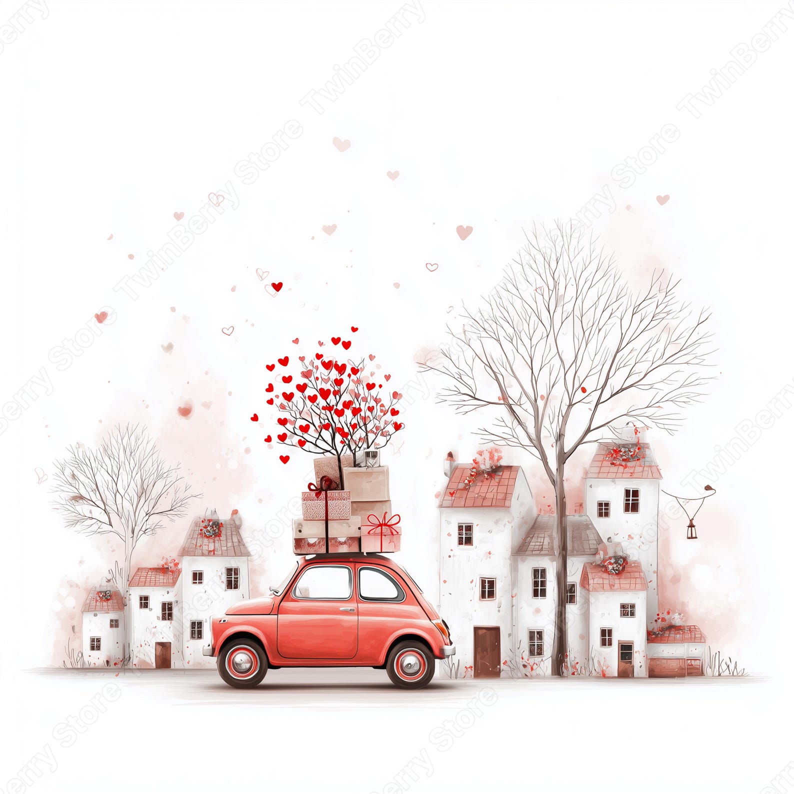 Valentine Village Clipart JPG, 26 Watercolor Valentine Town Scenes Pink ...