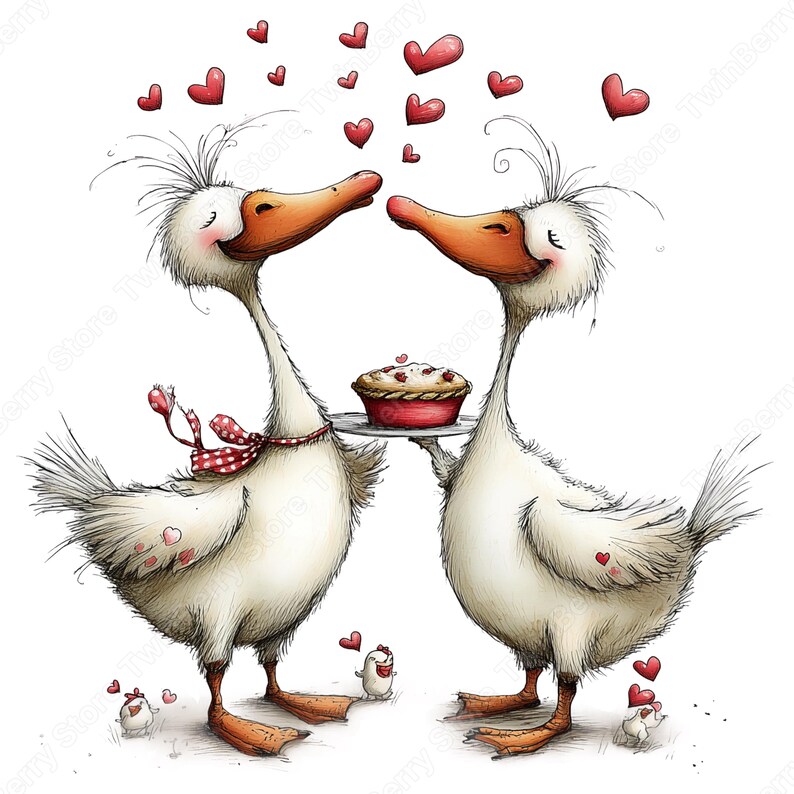 26 Valentine Goose Clipart PNG, Whimsical Love Geese Couples With ...