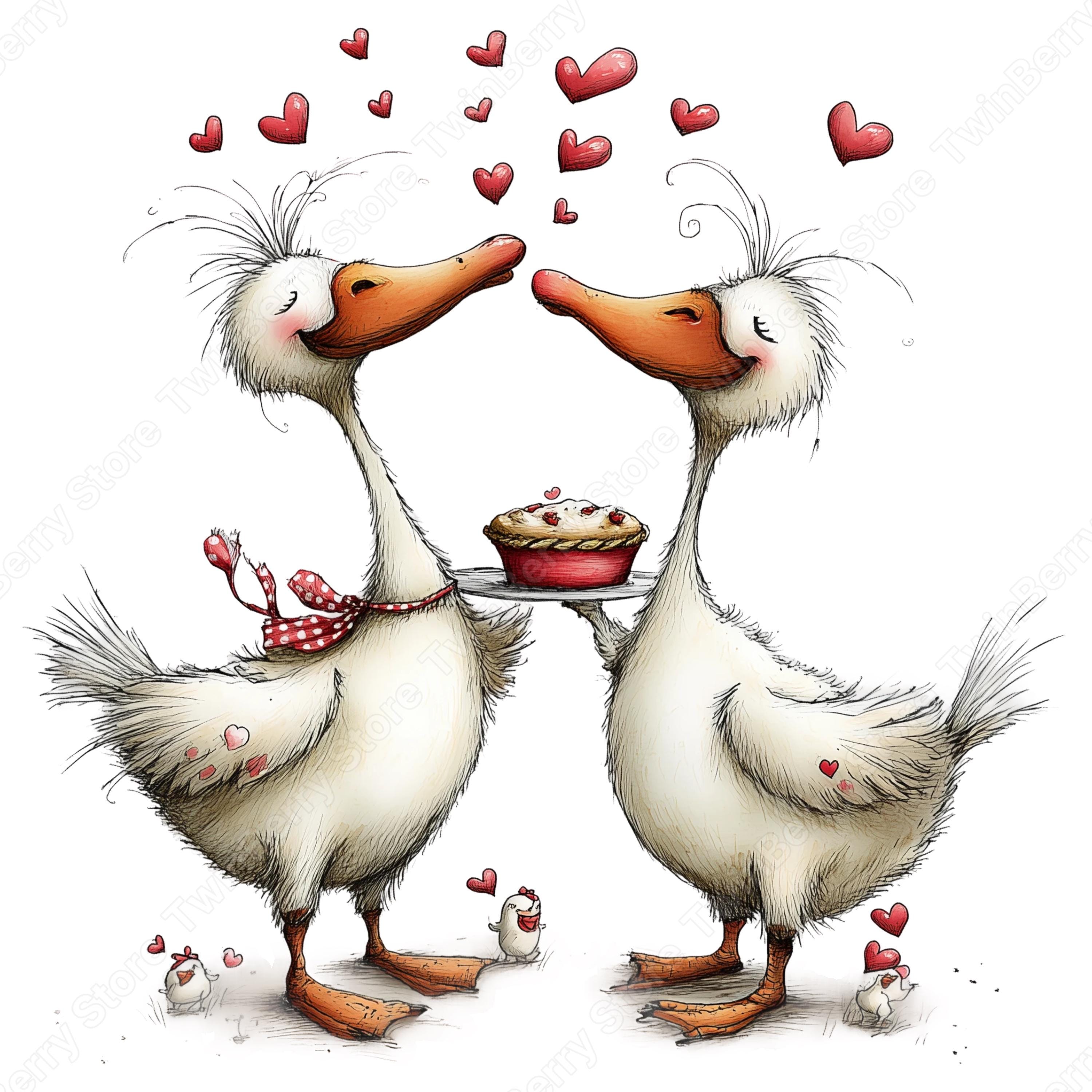 26 Valentine Goose Clipart PNG, Whimsical Love Geese Couples With ...