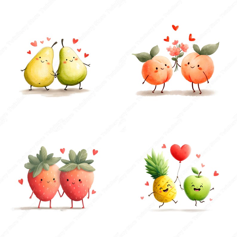 Cute Fruit Clipart PNG, 18 Watercolor Fruit Couple Illustrations for ...