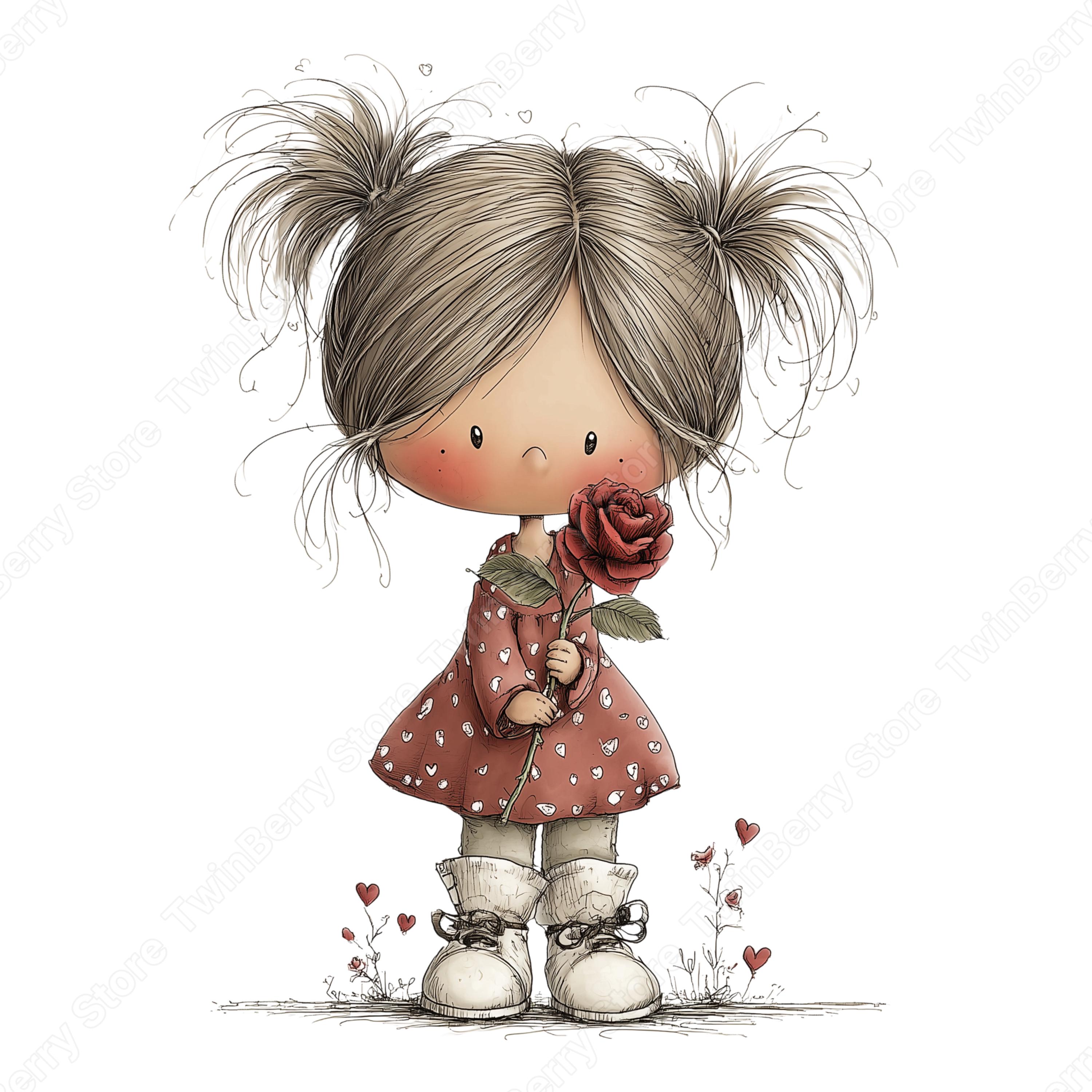 30 Valentine's Day Girl Clipart PNG, Whimsical Little Girl With Hearts ...