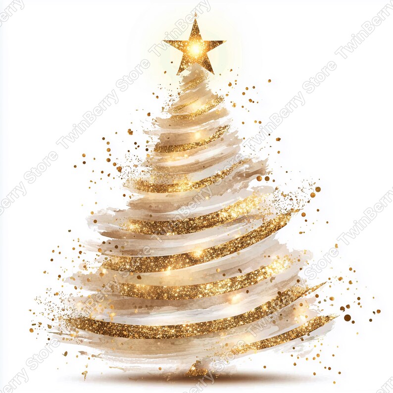 13 Golden Christmas Tree Clipart Bundle, Watercolor Holiday Graphics ...