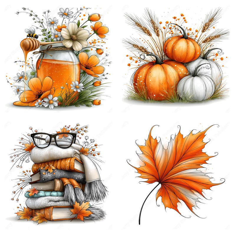 Autumn Clipart PNG, 35 Watercolor Fall Elements With Pumpkins Lanterns ...